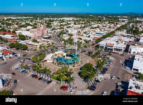 Aerial View Of Plaza 5 De Mayo Kiosk Streets And Stable In Navojoa Sonora Mexico Zenith