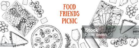 피크닉 음식 정상보기 손으로 그린 벡터 일러스트레이션 음식과 음료 스케치 안티 파스티 피자 샌드위치 과일 점심 또는 저녁 식사 스낵 여름 음식 탑 뷰 프레임 샤퀴트리에 대한
