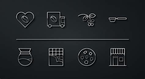 세트 라인 커피 애호가 커피 메이커 필터 홀더 쿠키 또는 비스킷 초콜릿 바 거리 트럭 기계 상점 및 콩 지점 아이콘을 따르십시오 벡터 가리기에 대한 스톡 벡터 아트 및 기타