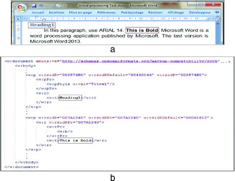 A A Part Of A Word Document And B Its XML Representation Of Some