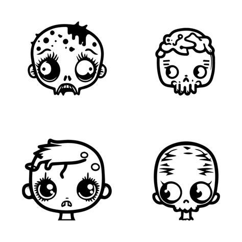 Cute Kawaii Zombie Head Collection Set Hand Drawn Line Art Illustration
