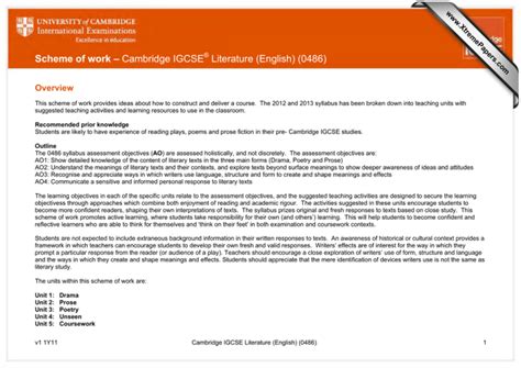 Cambridge Igcse Literature Scheme Of Work English