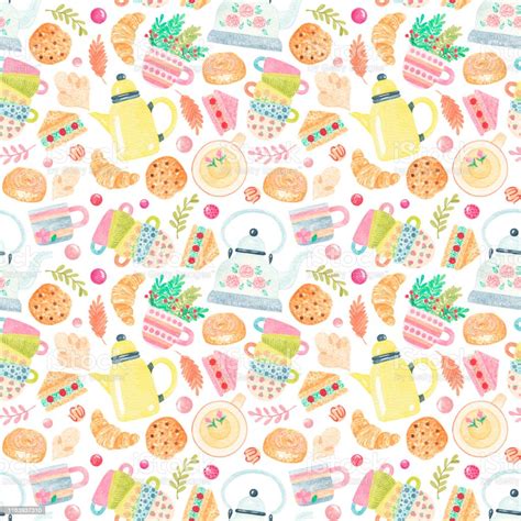 주전자 팬케이크 케이크 컵 쿠키와 수채화 원활한 패턴 티 타임 디자인 웹 사이트 포장 섬유 직물에 사용하기위한 배경 귀여운에