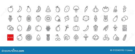 Set Of Vector Linear Icons Vegetables Fruits And Berries Contour