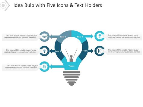 idea bulb with five icons and text holders ppt powerpoint presentation