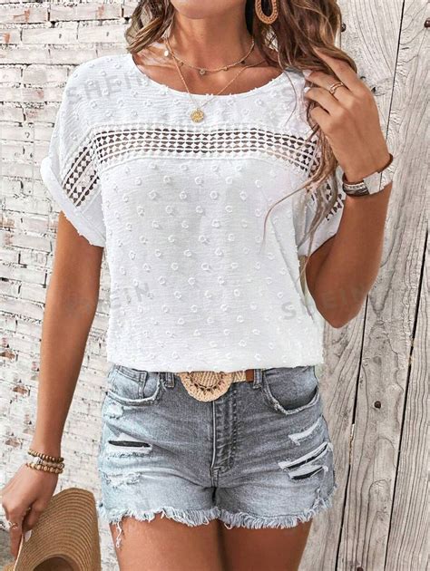 Shein Essnce Lace Spliced Batwing Sleeve Swiss Dot Blouse Shein Uk