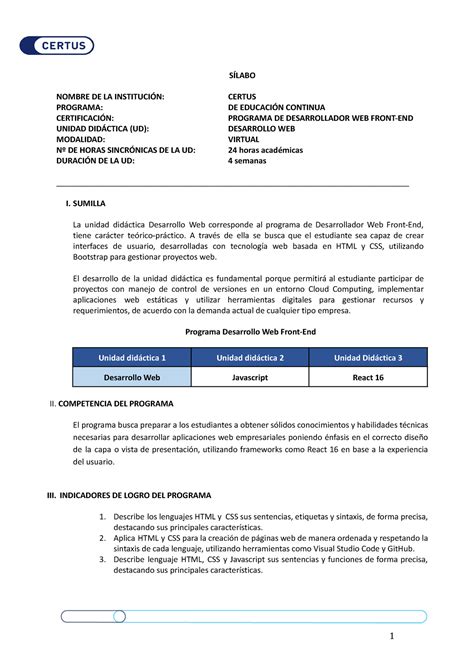 Sílabo De Ud1 Desarrollo Web Front End SÍlabo Nombre De La
