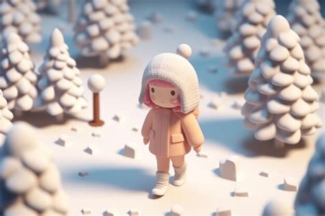 Premium Ai Image A Girl Walking In Winter Season Concept 3d Tiny Cute Isometric Generative Ai