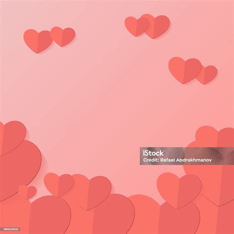 해피 발렌타인 타이 포 그래피 벡터 일러스트 레이 션 디자인 종이 잘라 레드 심장 모양 종이 접기 뜨거운 공기 풍선 하늘 배경에서 비행 했다 살아있는 산호 색상 종이 아트