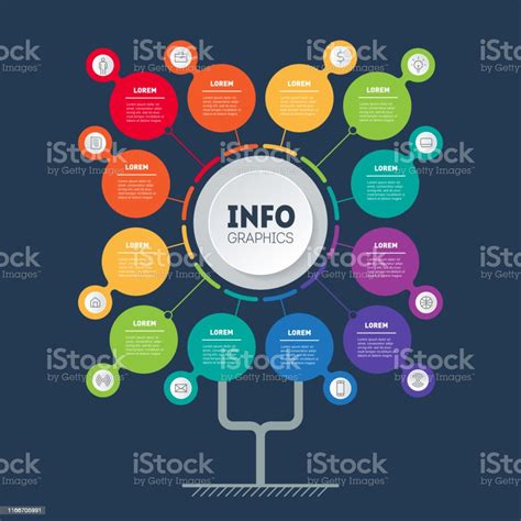 12 개의 옵션 또는 달이있는 비즈니스 프리젠 테이션 개념 12 개의 프로세스가있는 트리 정보 차트 또는 다이어그램의 템플릿 12 단계기술 또는 교육의 인포그래픽 인포