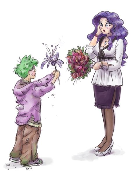 1070768 Safe Artist King Kakapo Rarity Spike Human G4 Blushing Bouquet Clothes