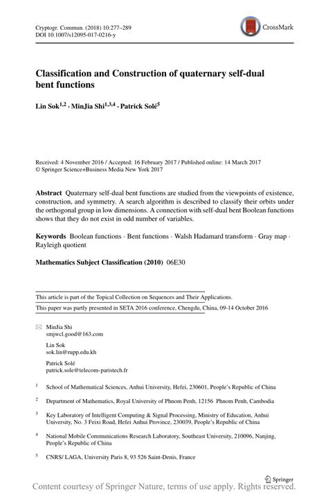 Classification And Construction Of Quaternary Self Dual Bent Functions Request Pdf
