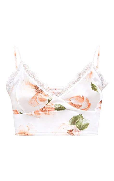 White Floral Print Lace Trim Slinky Bralet Tops Prettylittlething