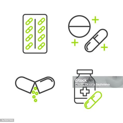 Set Baris Obat Botol Dan Pil Atau Tablet Dan Pil Blister Pack Ikon