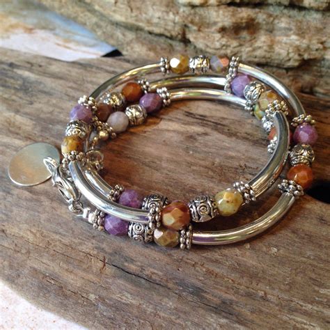 Wrap Bracelet Boho Wrap Silver Tube Beaded Bracelet Lavender Czech
