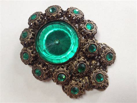 Brass Filigree Emerald Green Vauxhall Glass And Rhinest Gem