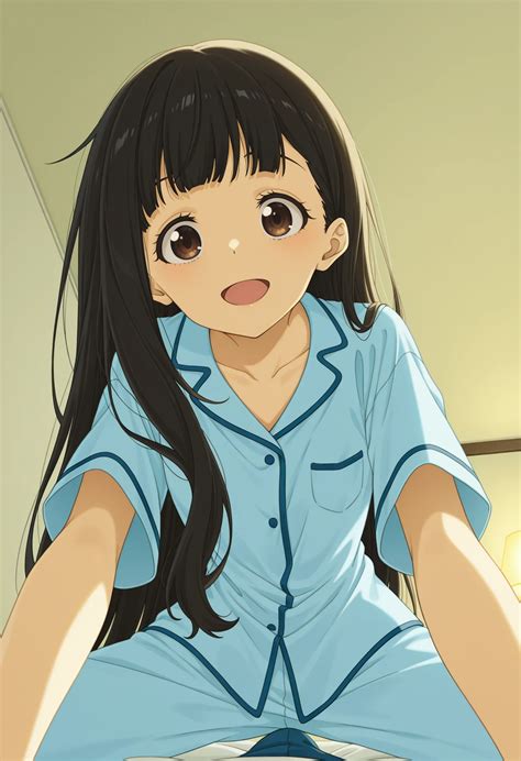 Anime Girl In Pajamas Sitting On Bed With Her Legs Crossed Seaart Ai