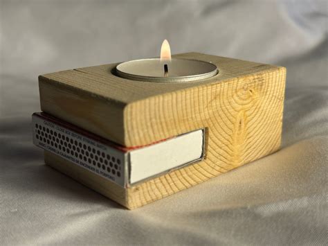 Single Tea Light Wooden Candle Holder With Matches Built In Etsy