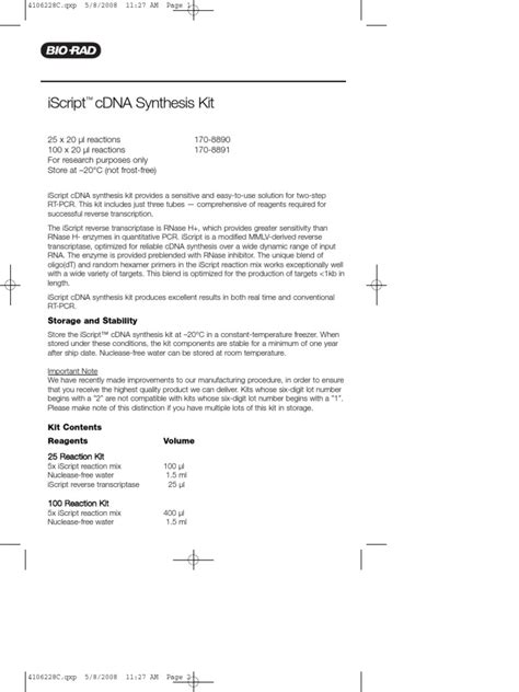 Instruction Manual Iscript Cdna Synthesis Kit Rev C Pdf Reverse