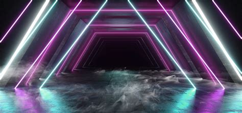 연기 공상 과학 소설 네온 빛나는 보라색 파란색 활기찬 가상 현실 사이버 레이저 쇼 무대 긴 콘크리트 삼각형 터널 복도 지 하