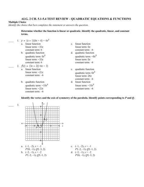 Algebra Quadratic Equations Functions Test Review