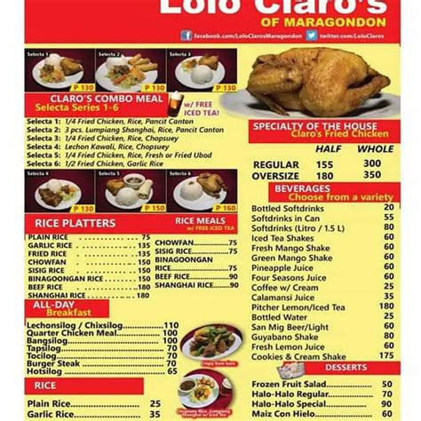Lolo Claros Philippines Menu Prices 2024