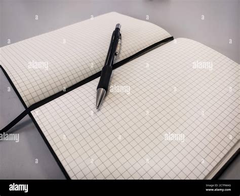 Black Pen On A Square Ruled Notebook Against A White Background Stock