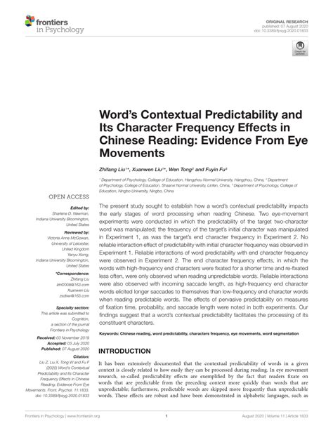 Pdf Words Contextual Predictability And Its Character Frequency Effects In Chinese Reading