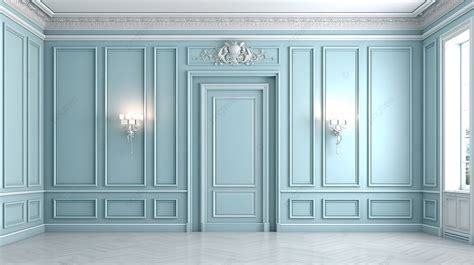 바닥에 우아한 밝은 파란색 벽 몰딩 디자인을 갖춘 3d 렌더링된 인테리어 빈 집 빈방 3d 방 배경 일러스트 및 사진 무료 다운로드 Pngtree