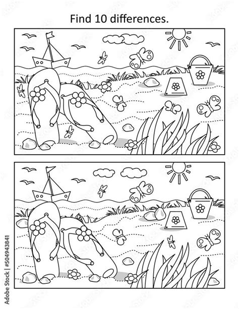 Find 10 Differences Visual Puzzle And Coloring Page Summer Vacation