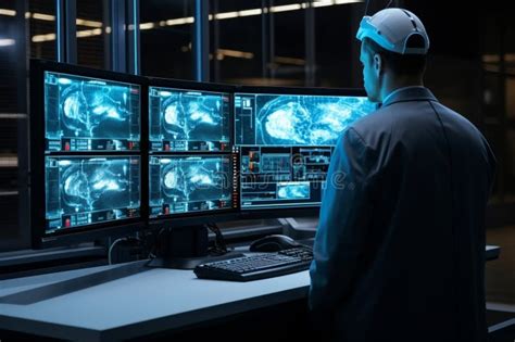 Medical Scientist Analyzing Ct Brain Scan Images In Lab For Neurological Research Stock