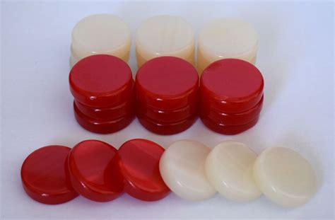 30 Small Acrylic Backgammon Checkers Chips Red And Ivory 1 Inch High Talos Artifacts