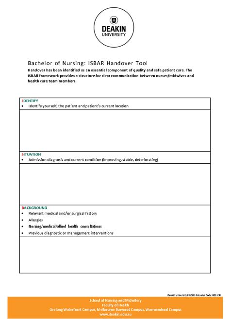 Isbar Handover Tool 2022 Deakin University Cricos Provider Code