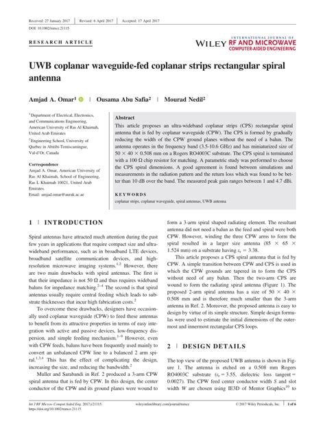 Pdf Uwb Coplanar Waveguide Fed Coplanar Strips Rectangular Spiral