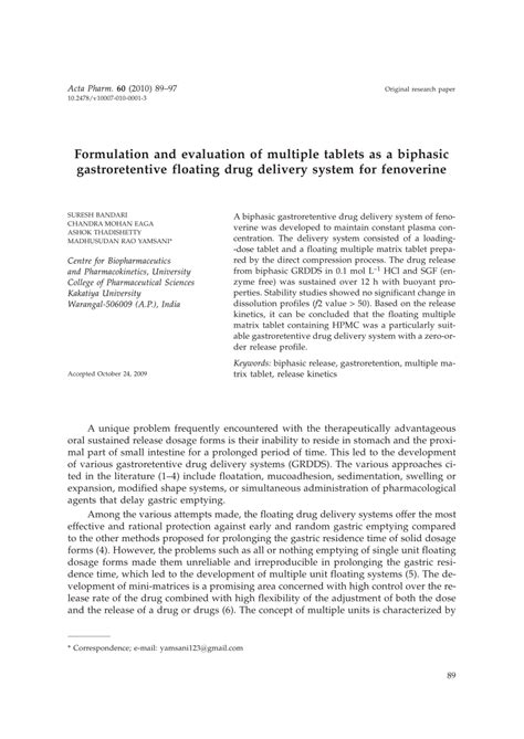 Pdf Formulation And Evaluation Of Multiple Tablets As A Biphasic Gastroretentive Floating Drug