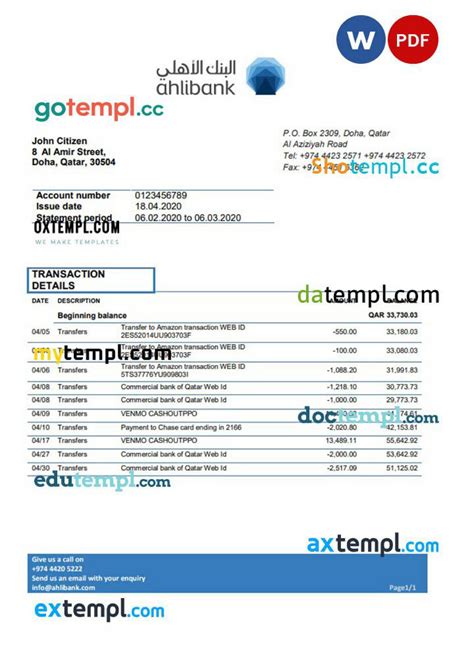 Doctempl Qatar Ahlibank Proof Of Address Banking Statement Template In Word And PDF Format