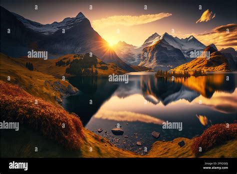 Fantastic Evening Panorama Of Bachalp Lake Bachalpsee Switzerland