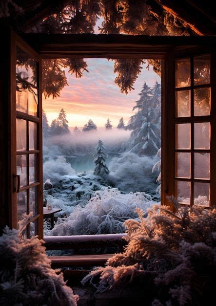 an open window looking out onto a snowy landscape with trees and snow ...