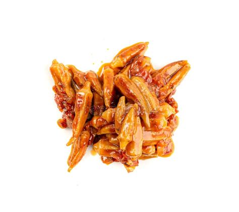 Stewed Okra Cooked Bamya Fruits Isolated Traditional Asian Dish Bamia In Red Sauce Okra Stew