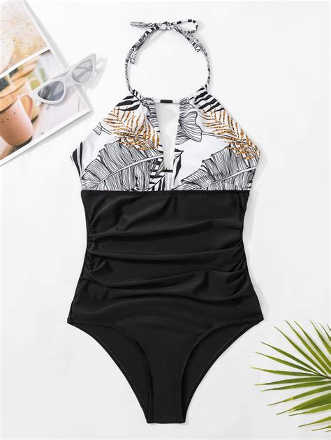 Tropical Print Ruched Halter One Piece Swimsuit Shein Usa