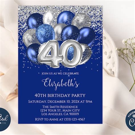 Navy Blue And Silver 40th Birthday Invitation Etsy