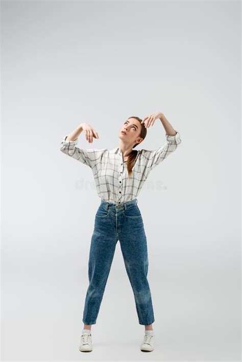 Attractive Girl Posing Like Puppet Isolated Stock Image Image Of