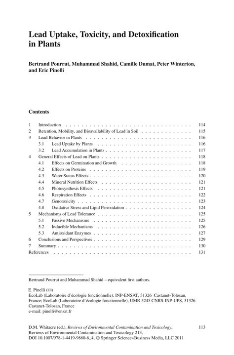 Pdf Lead Uptake Toxicity And Detoxification In Plants