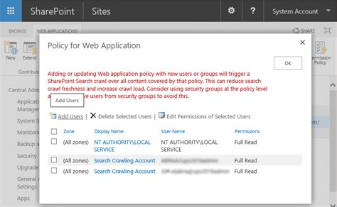 configuring web application user policy in sharepoint 2016 sharepoint