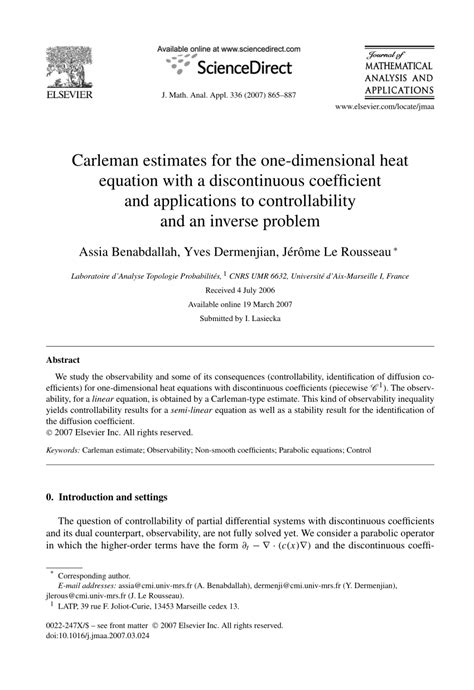 PDF Carleman Estimates For The One Dimensional Heat Equation With A