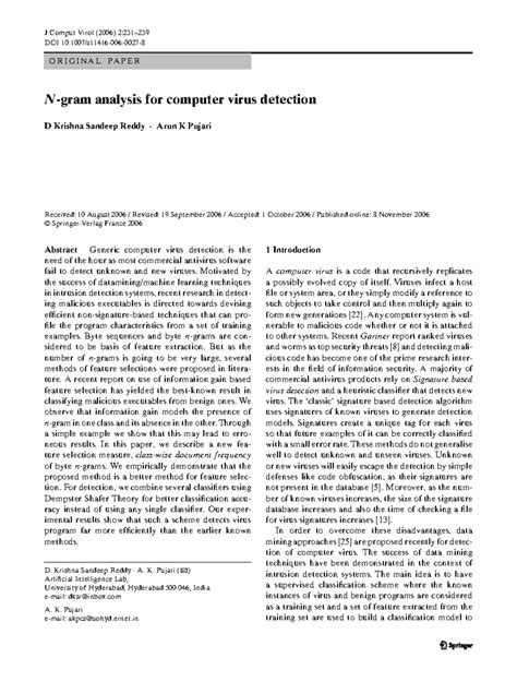 N Gram Analysis For Computer Virus Detection Motivated By The Success Of Dataminingmachine