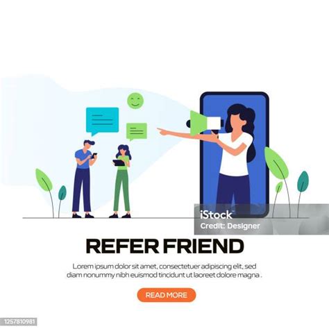 웹 사이트 배너 광고 및 마케팅 자료 온라인 광고 비즈니스 프레젠테이션 등에 대한 친구 개념 벡터 일러스트레이션을 참조하십시오 친구에게 추천하세요에 대한 스톡 벡터 아트 및