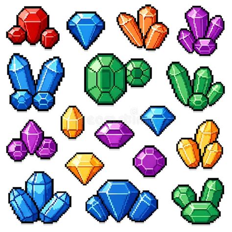 Pixel Art Gems And Crystals Collection Stock Illustration