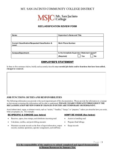 Fillable Online Mt San Jacinto Community College District Reclassification Review Form Fax