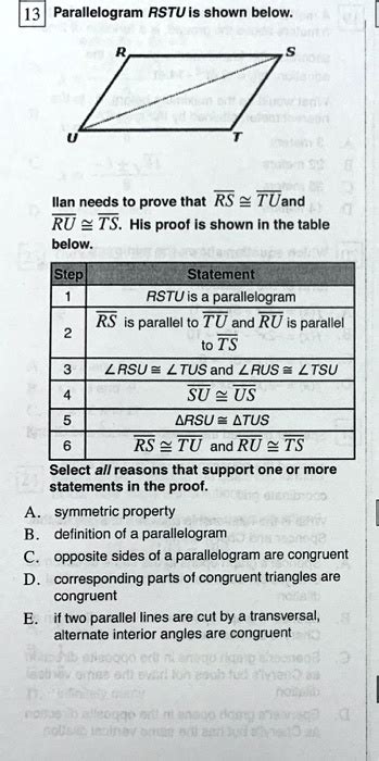 Solved Parallelogram Rstu Is Shown Below Ilan Needs To Prove That Rs Tuand Ru Ts His Proot